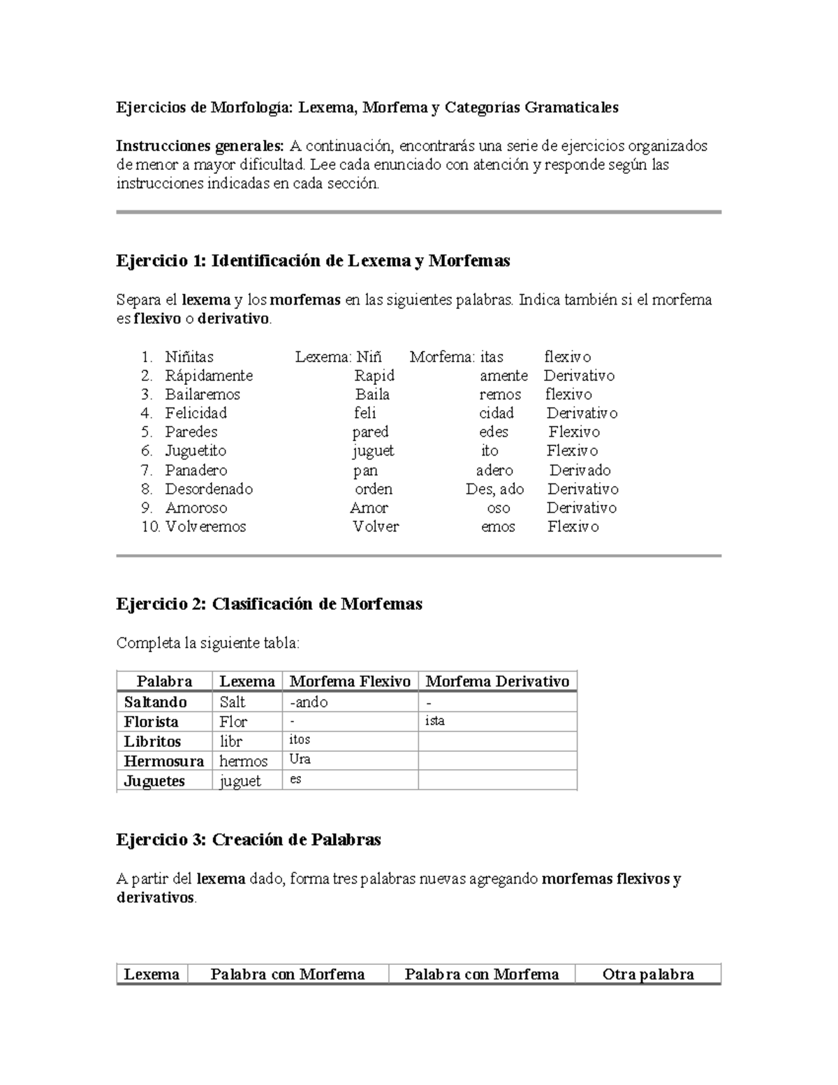 Ejercicios de Morfología: Lexema y Morfemas (MORF 101) - Studocu