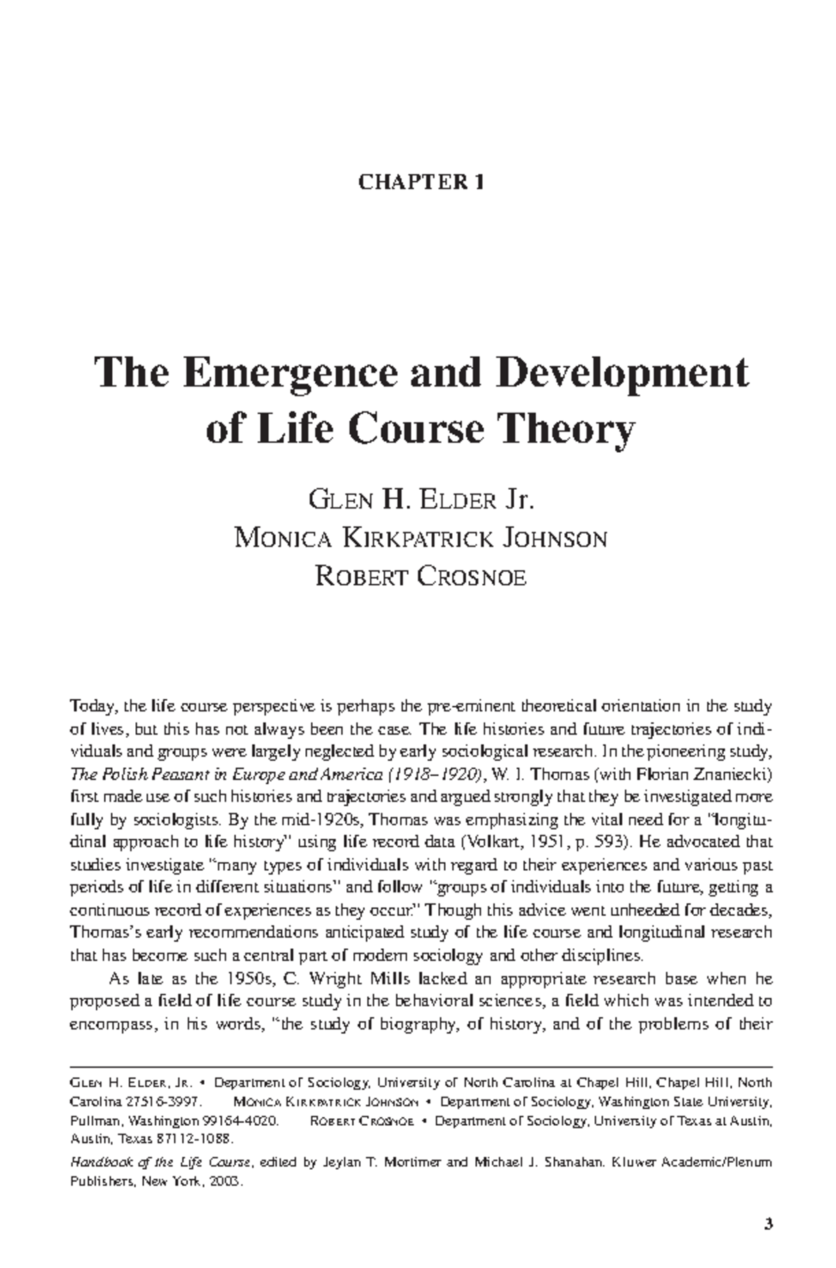 "Elder et al. 2003 - Chapter 1: The Emergence of Life Course Theory ...