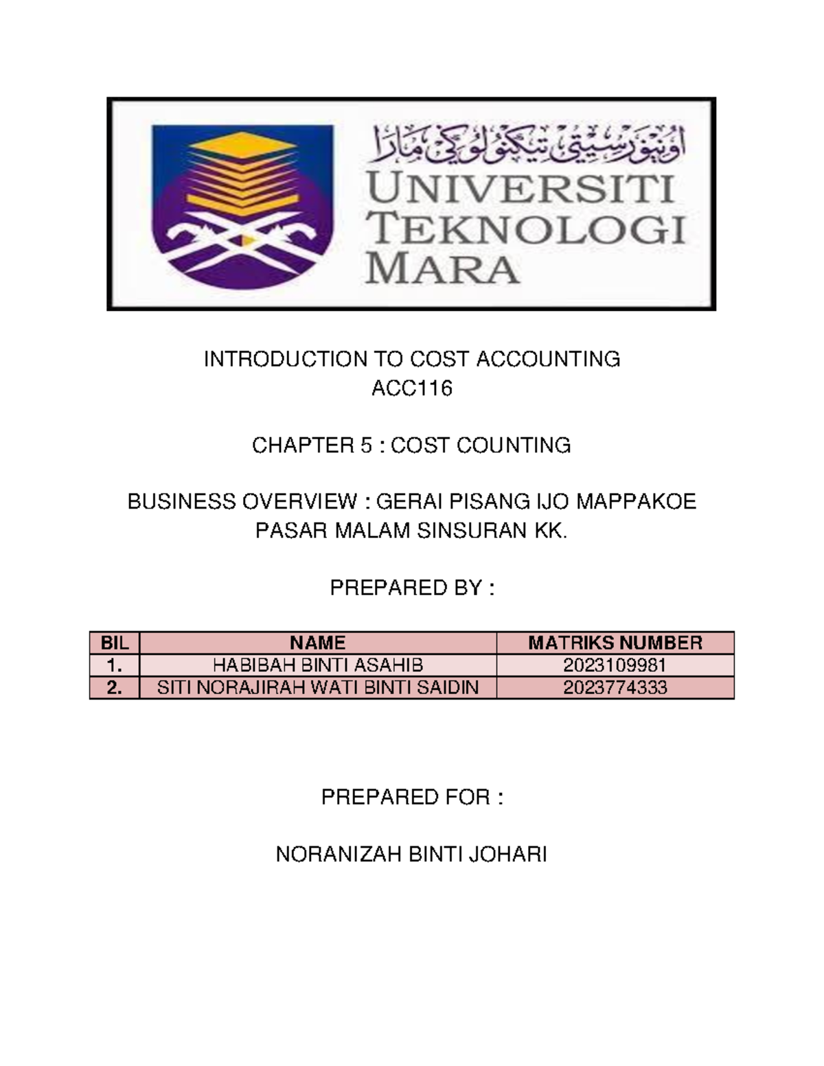 ACC116 Assignment - INTRODUCTION TO COST ACCOUNTING ACC CHAPTER 5 ...