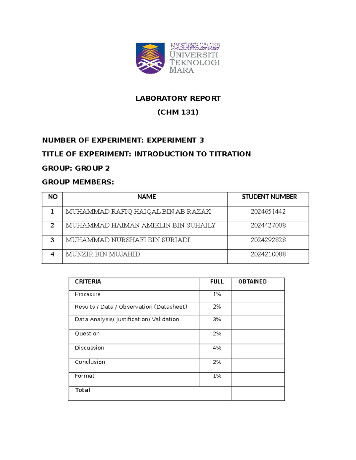 LAB REPORT (CHM 131) - EXPERIMENT 3: INTRODUCTION TO TITRATION - Studocu