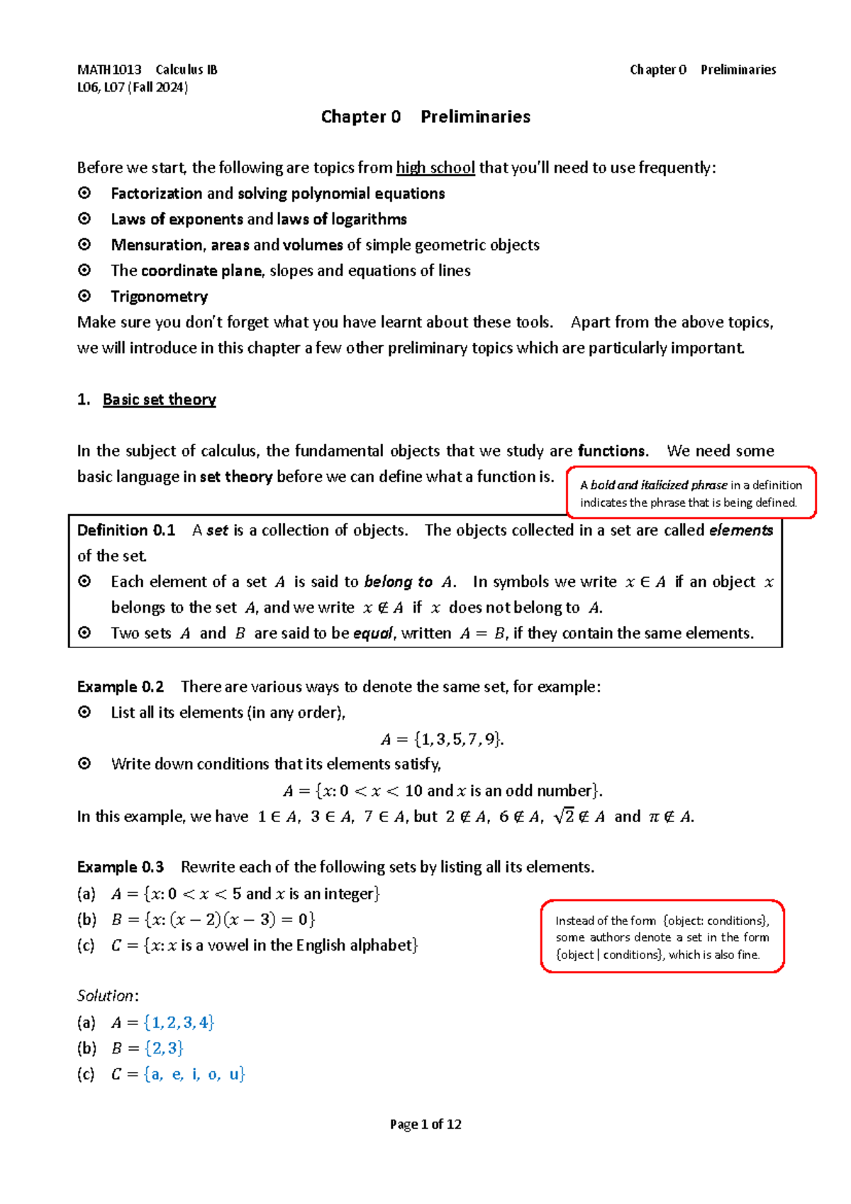 Lecture 0 - MATH1013 Calculus IB Preliminaries and Set Theory Concepts ...