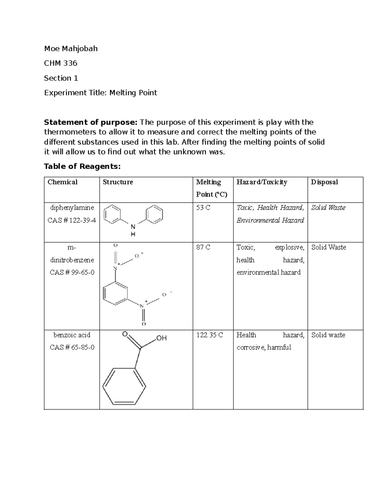 Melting Point Experiment CHM 336 Sec 1: Pre-Lab Notes - Studocu