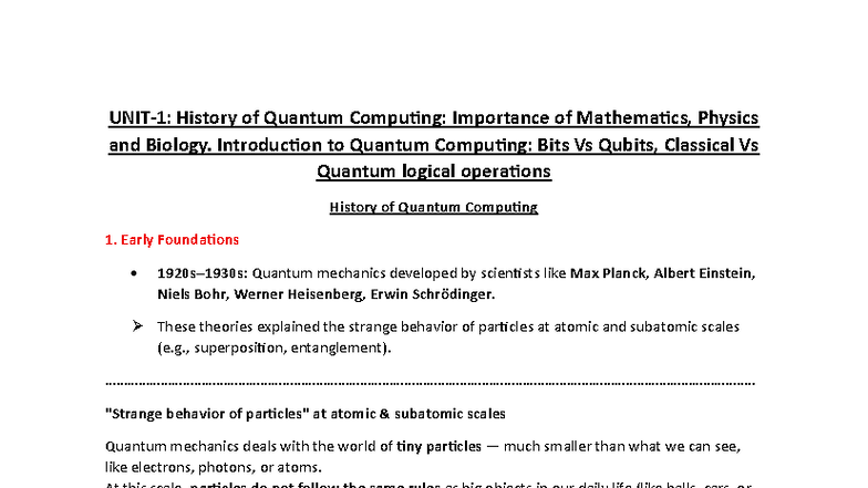 UNIT-1 QC: History & Importance of Math, Physics, and Biology in Quantum - Studocu