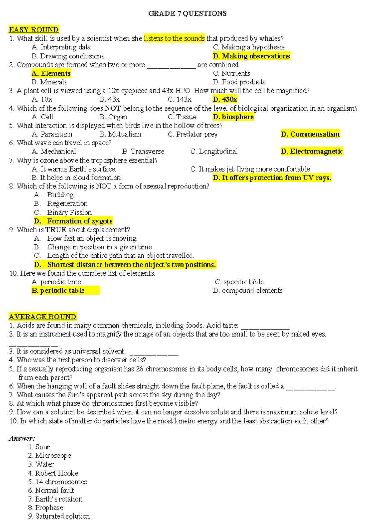 Grade 7 Science Questions - Easy Round 1 by Ms. Olivar - Studocu