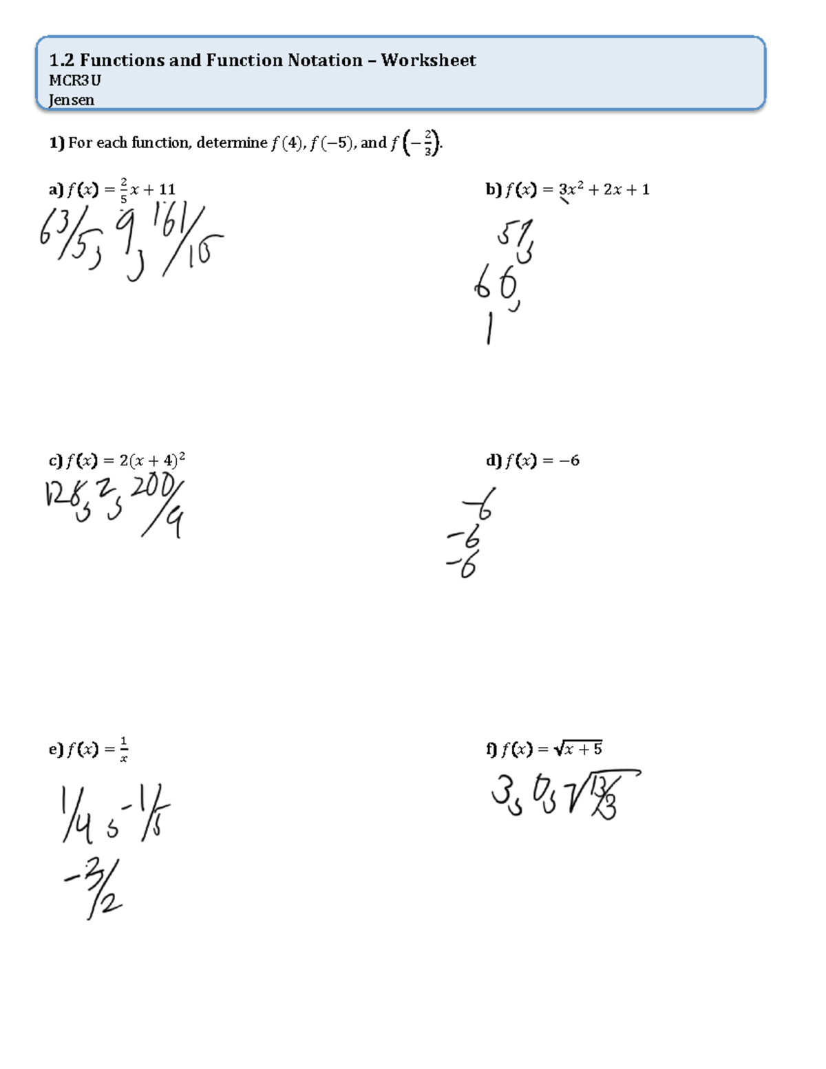 Functions and Function Notation Worksheet MCR3U - Completed Homework ...