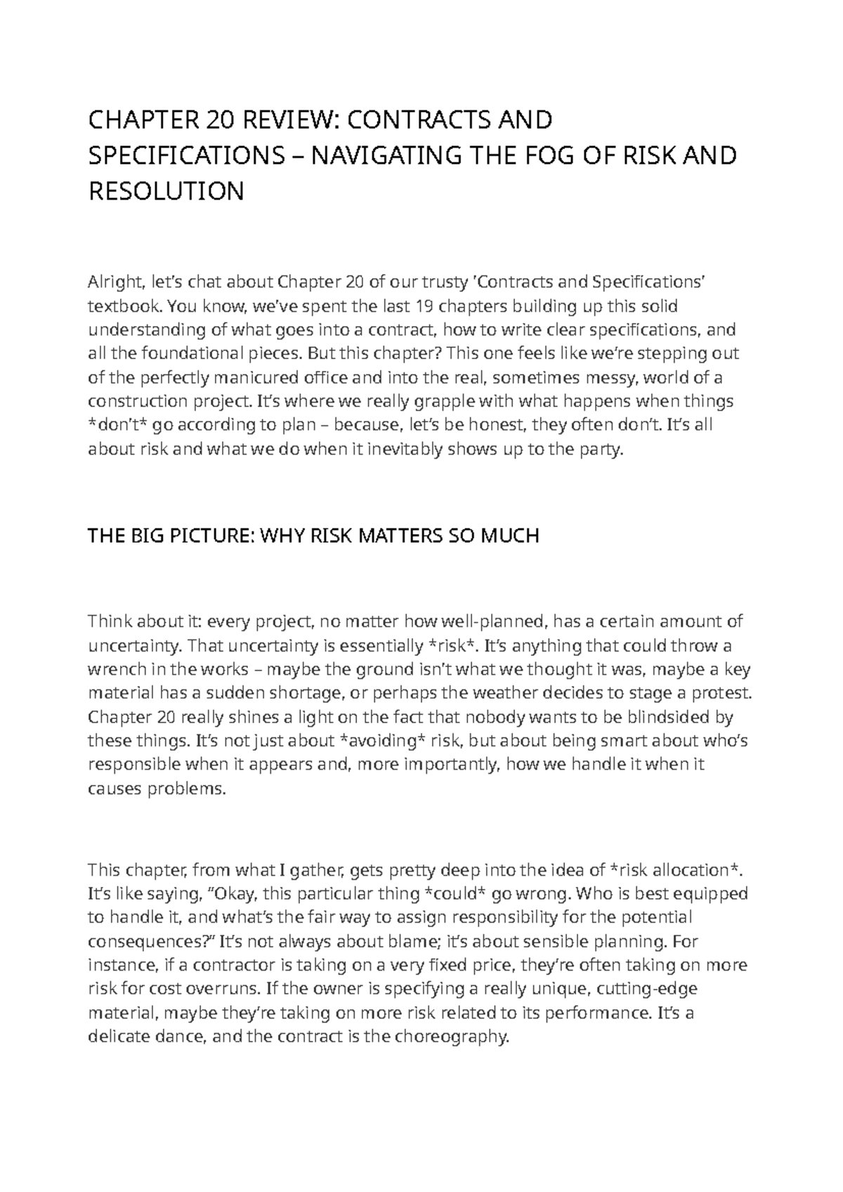 CHAPTER 20 REVIEW: RISK ALLOCATION IN CONTRACTS & SPECIFICATIONS - Studocu
