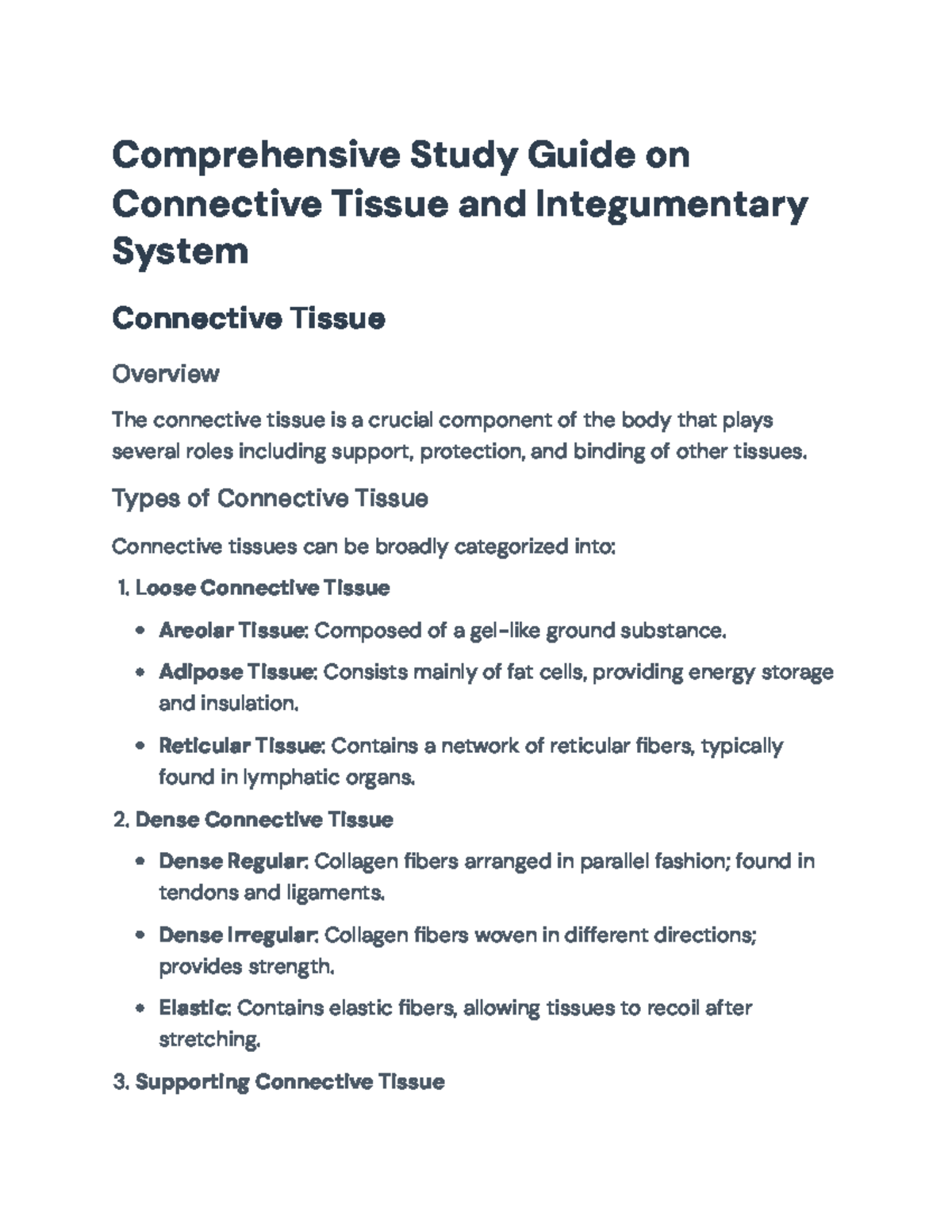 Comprehensive Study Guide on Connective Tissue and Integumentary System ...