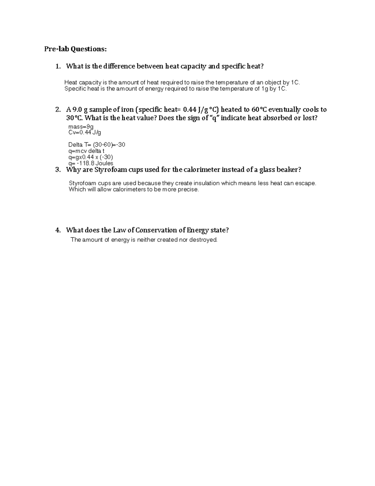 Pre Lab Questions 9: Heat Capacity, Calorimetry & Conservation Laws ...