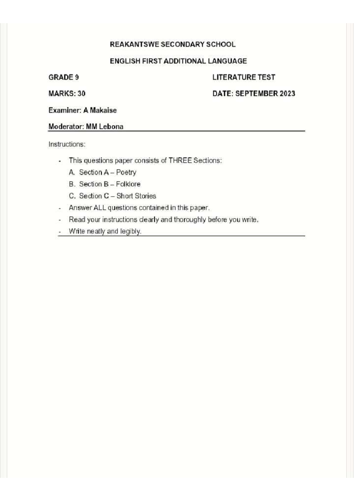 Grade 9 English First Additional Language Literature Test - Sept 2023 ...