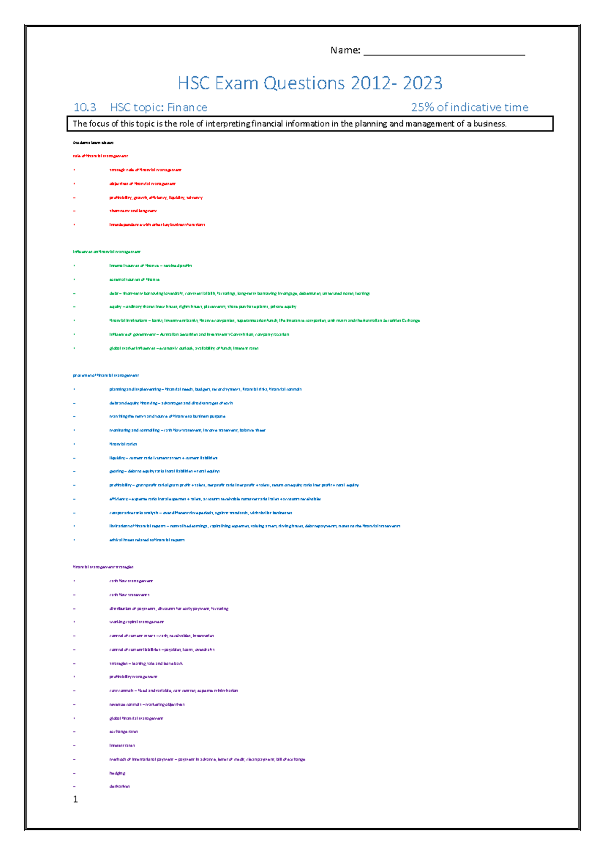 HSC Finance Exam Questions 2012-2023: Key Concepts & Strategies - Studocu