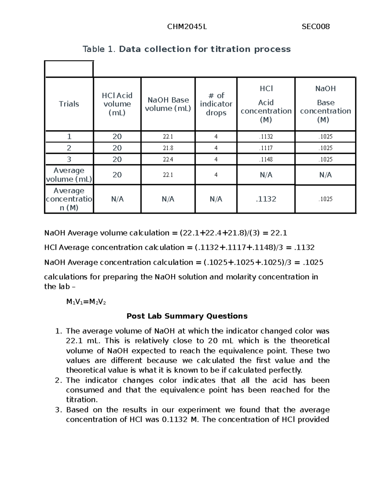 CHM2045L Module #3 Post-Lab Questions and Titration Data Analysis - Studocu