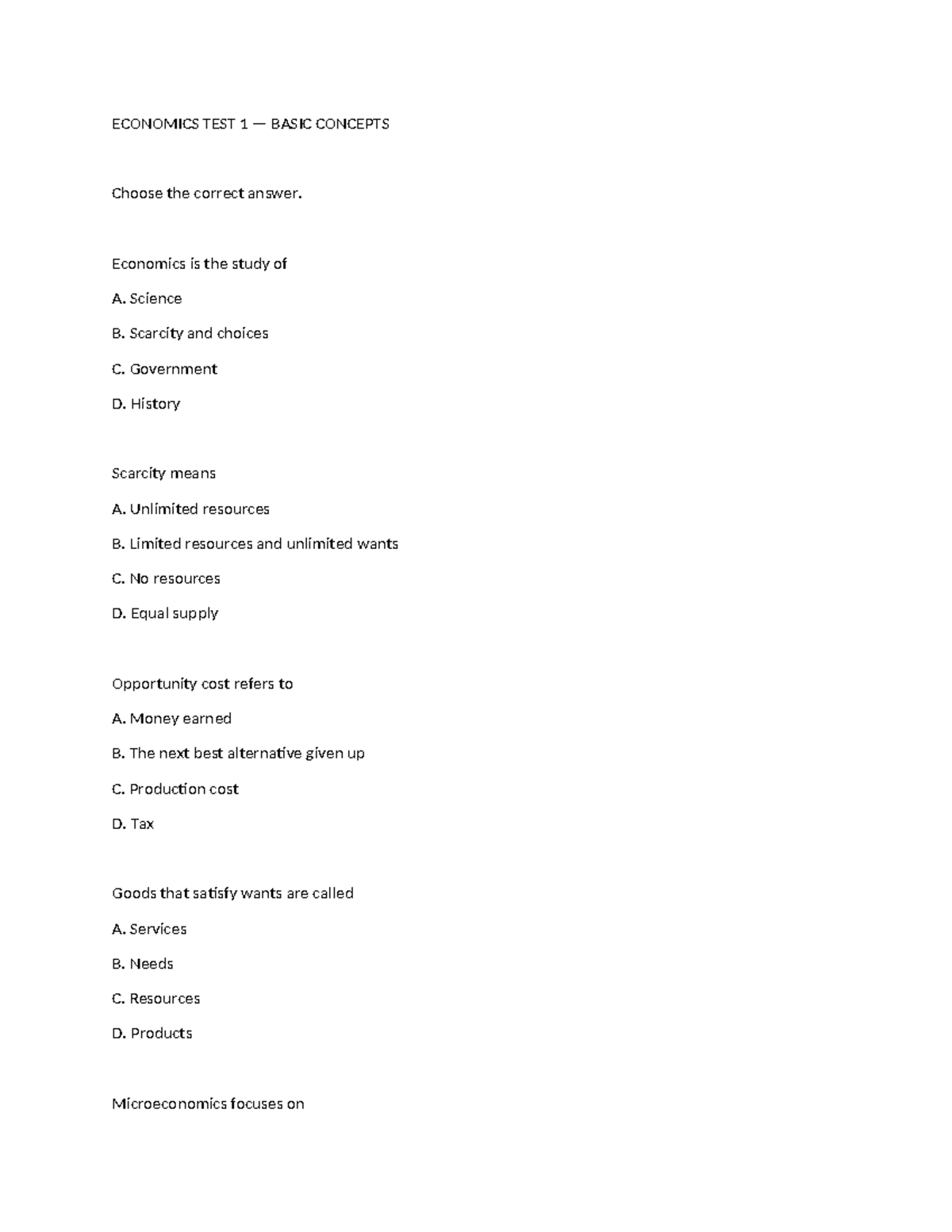 ECON 101: TEST 1 - BASIC CONCEPTS & ANSWERS - Studocu