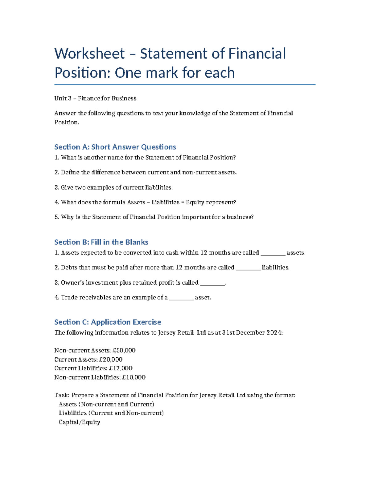 SOFP Worksheet BTEC: Unit 3 Finance for Business Questions - Studocu