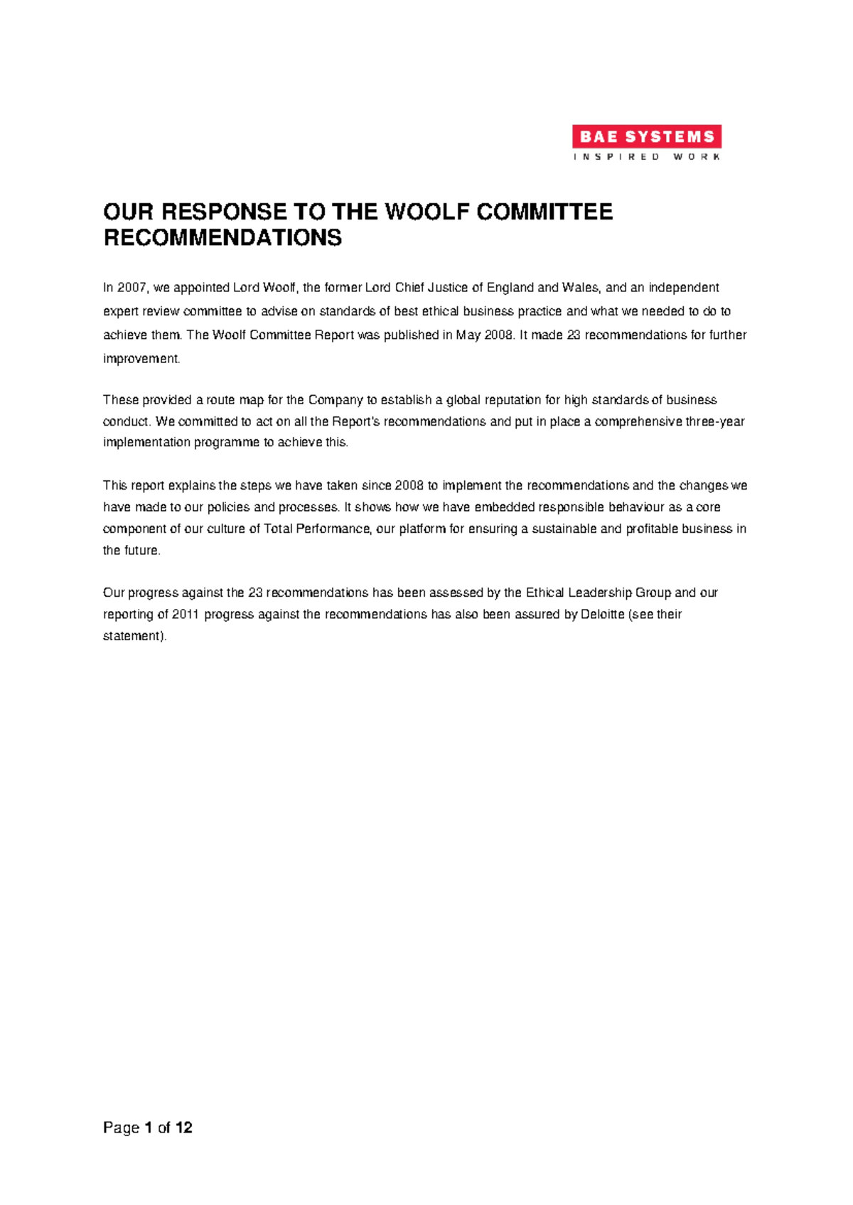 Implementation of Woolf Committee Recommendations 2009 - BAE Systems ...