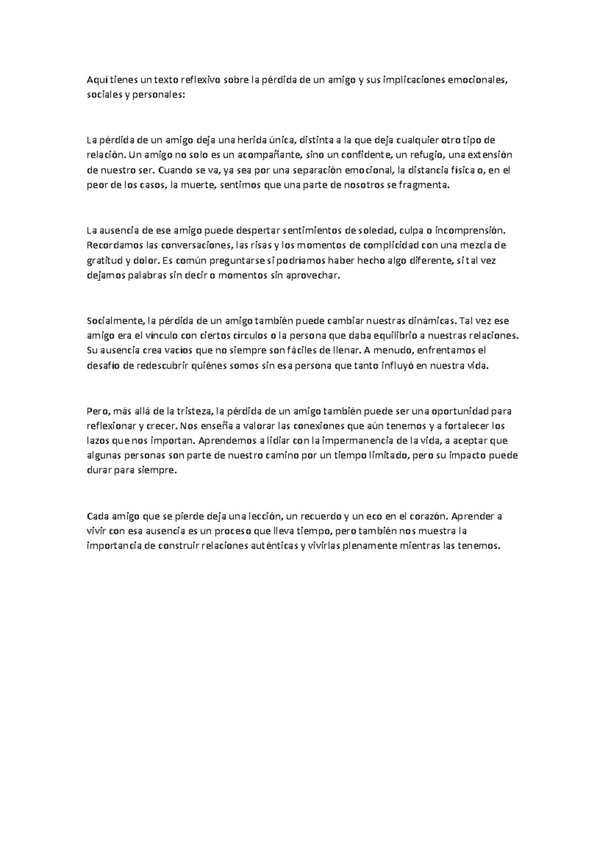 Reflexiones sobre la Pérdida de un Amigo y su Impacto Emocional - Studocu