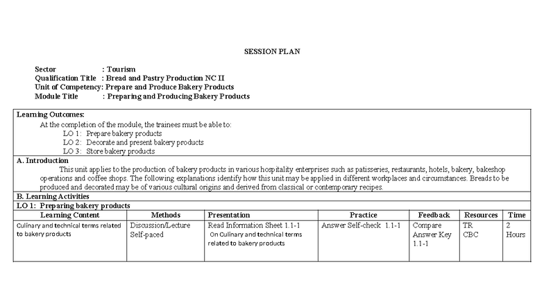 Session Plan: BPP NC II - Preparing & Producing Bakery Products - Studocu