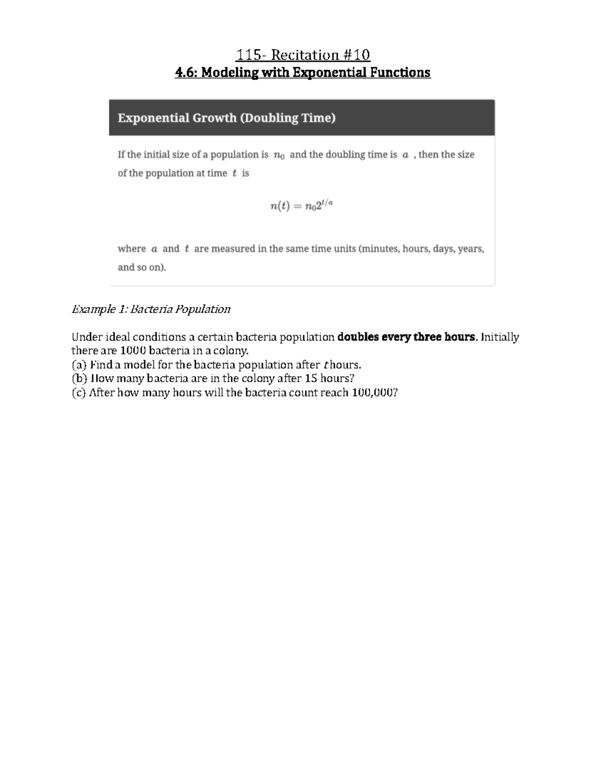 Recitation 10 Exponential Functions Bacteria Population Modeling