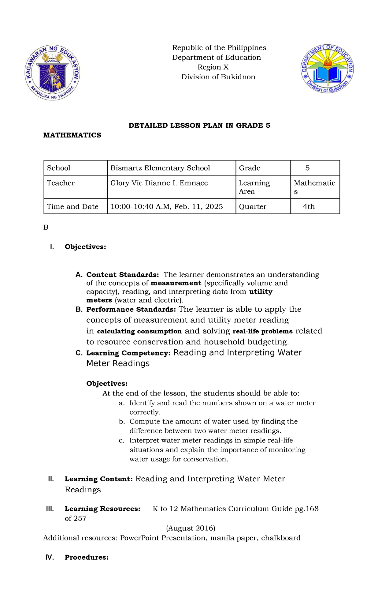 DLP-MATH-6: Detailed Lesson Plan on Water Meter Readings for Grade 5 ...