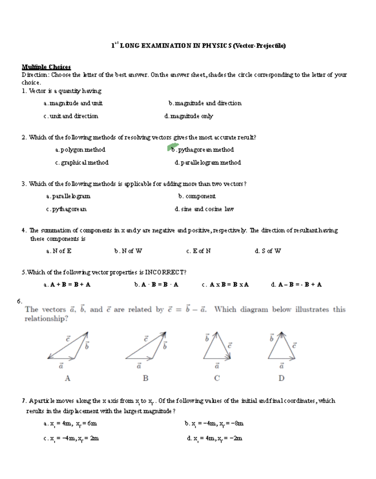 ST 1 Long Examination in Physics: Multiple Choice Questions - Studocu