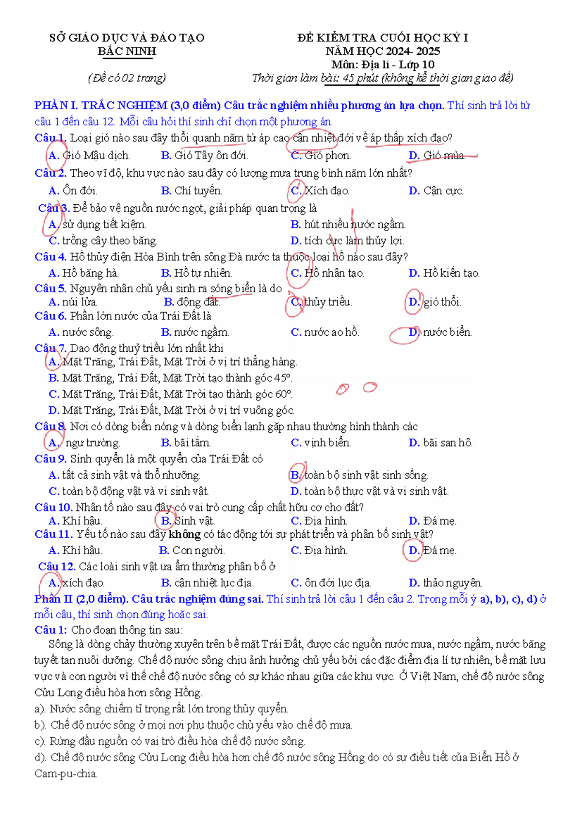 Đề Kiểm Tra Cuối Kỳ I Môn Địa Lí Lớp 10 - Năm Học 2025 - Studocu