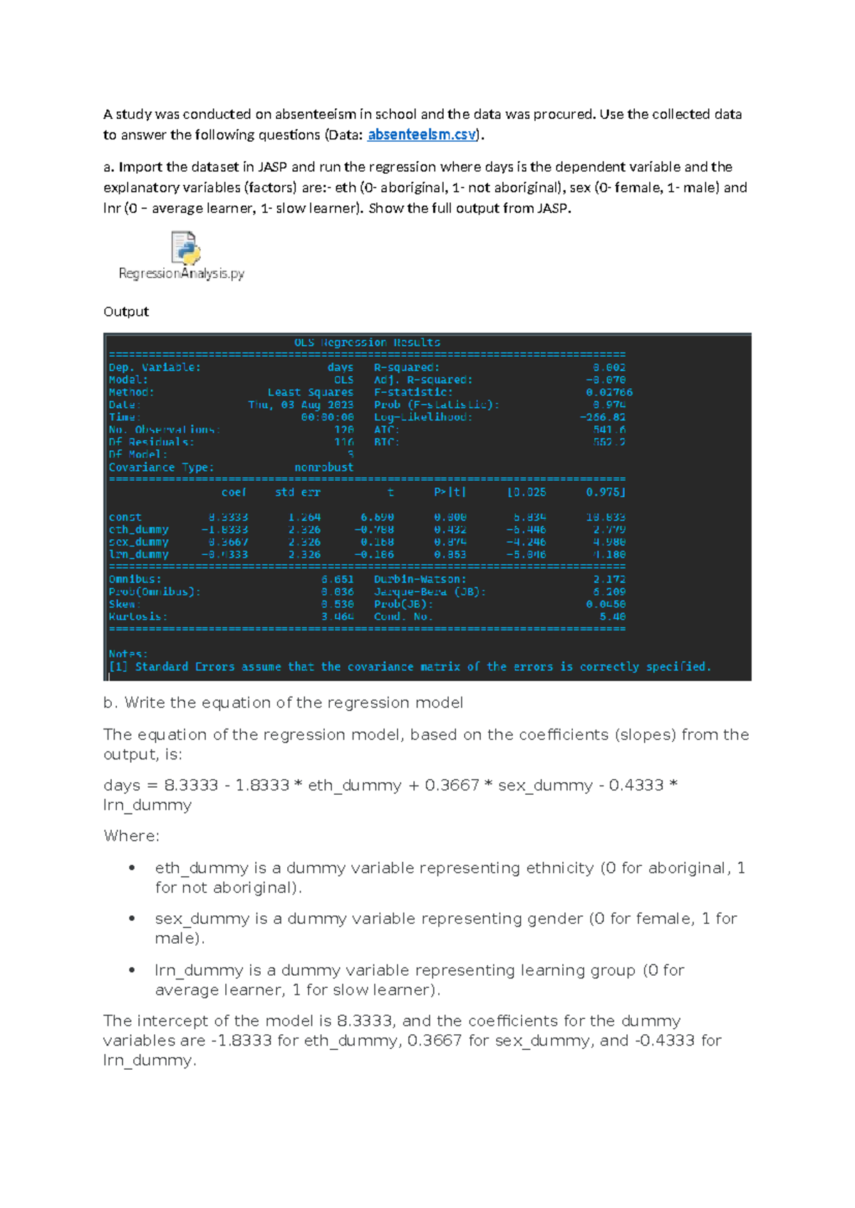 Unit 7 Learning Journal: Regression Analysis on Absenteeism Data - Studocu