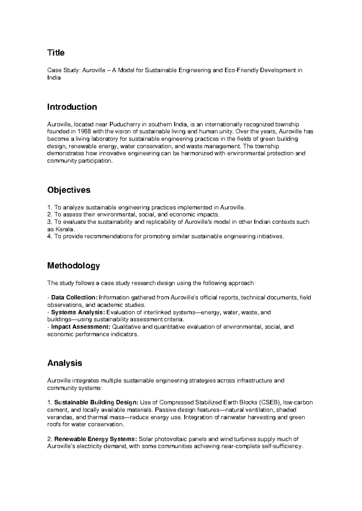 Sustainable Engineering Case Study: Auroville's Model for India - Studocu