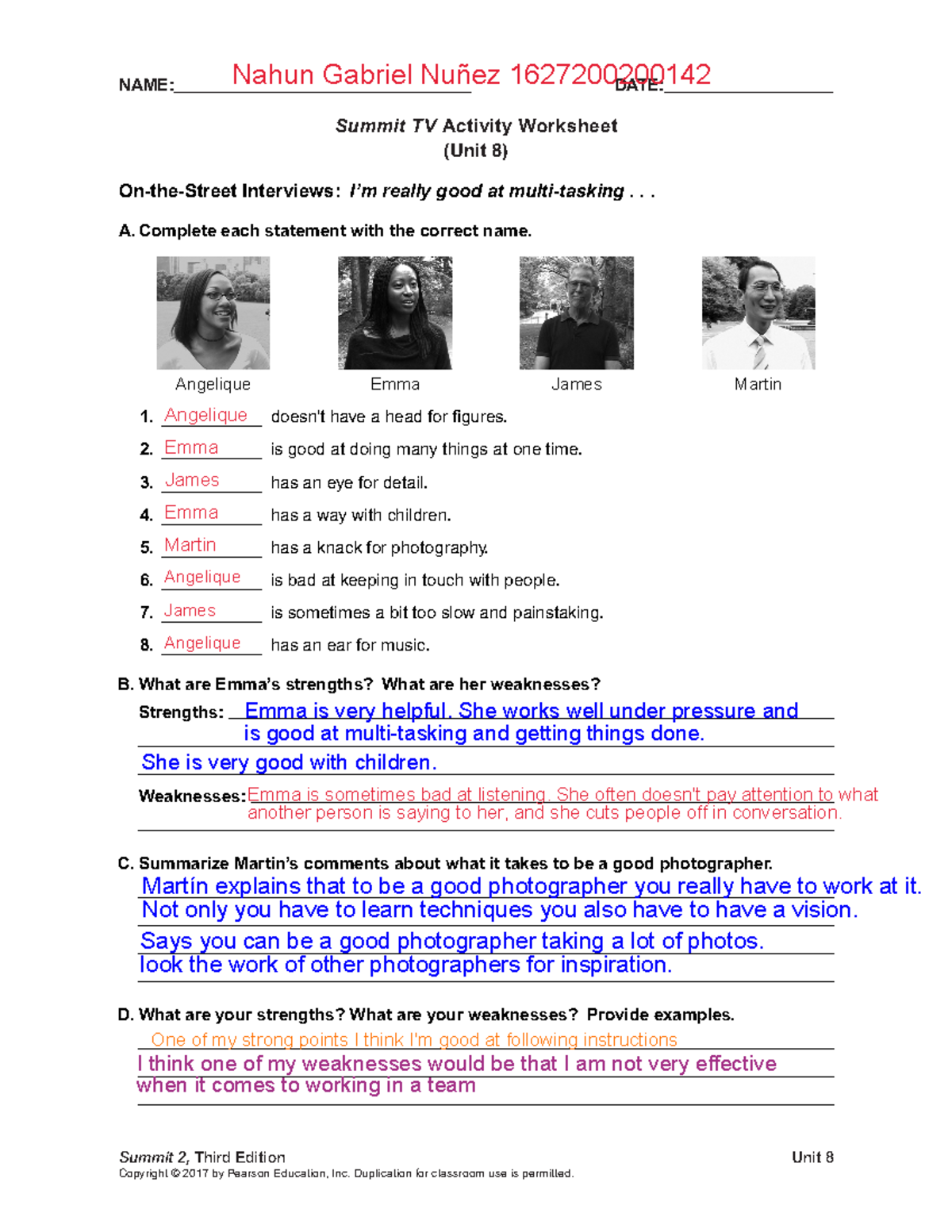Summit 2 Unit 8 TV Activity Worksheet: Strengths & Weaknesses - Studocu