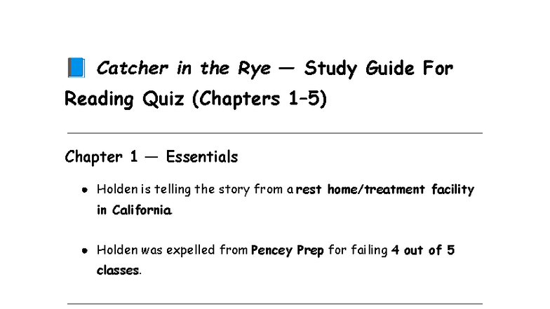 Catcher in the Rye Study Guide for Quiz: Chapters 1-5 Essentials - Studocu