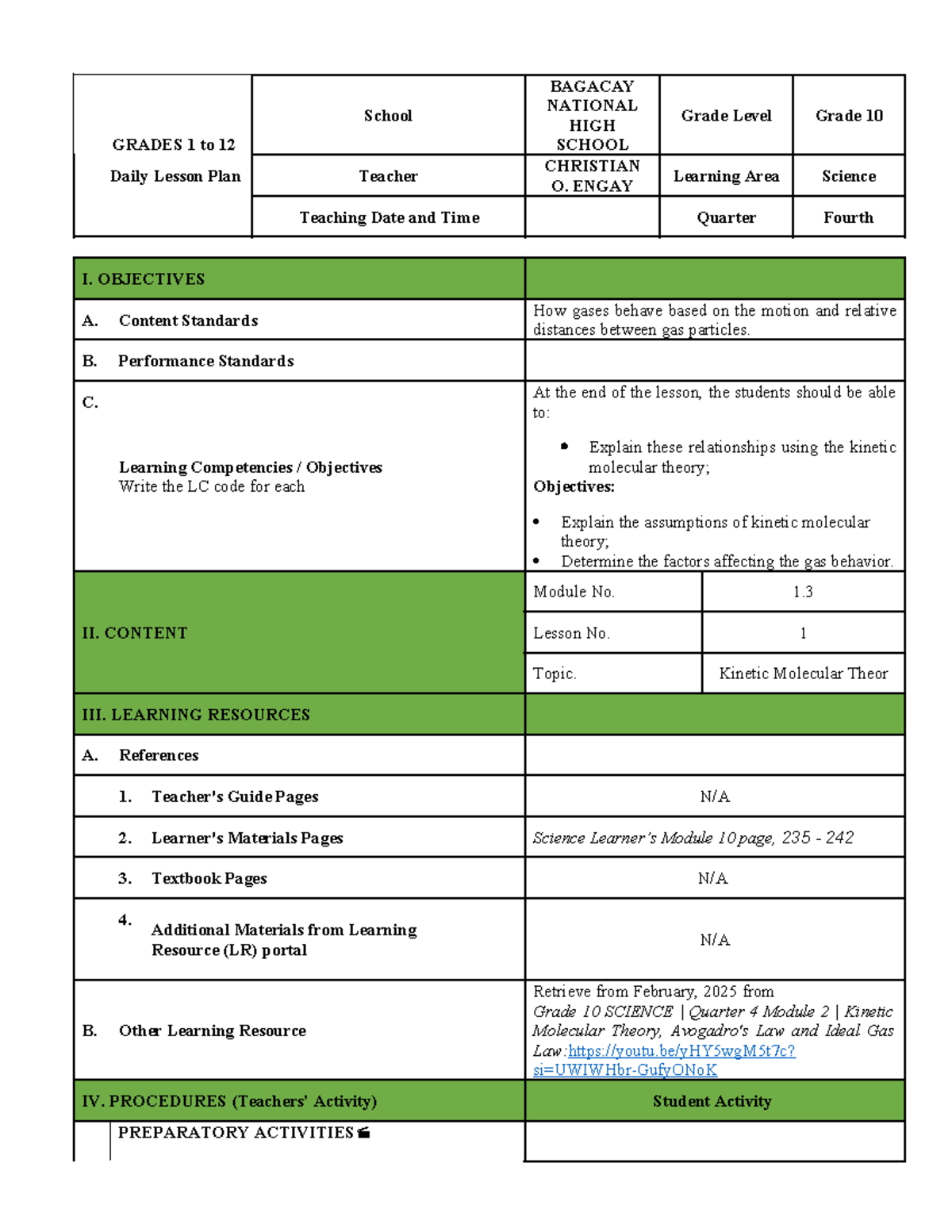 Grade 10 Science Daily Lesson Plan: Kinetic Molecular Theory DLP - Studocu