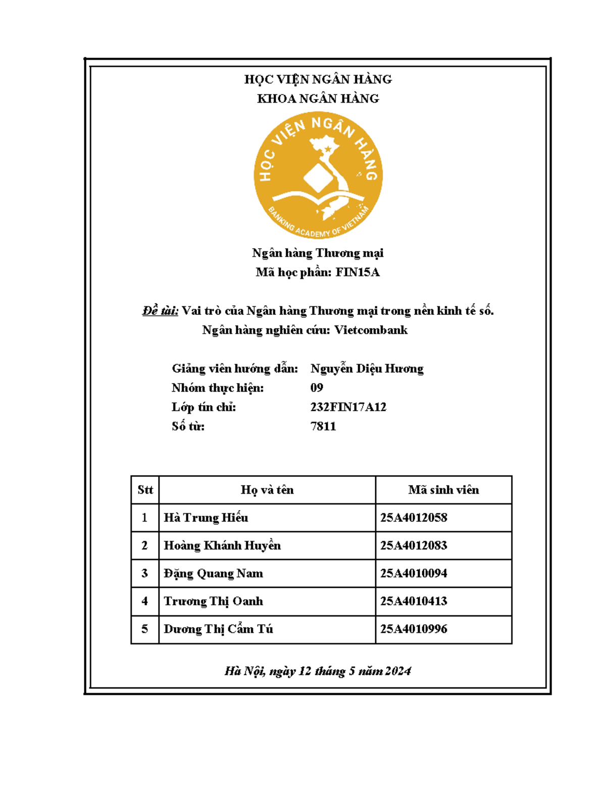 BTL-NHTM - Vai trò Ngân hàng Thương mại trong Kinh tế Số (FIN15A) - Studocu