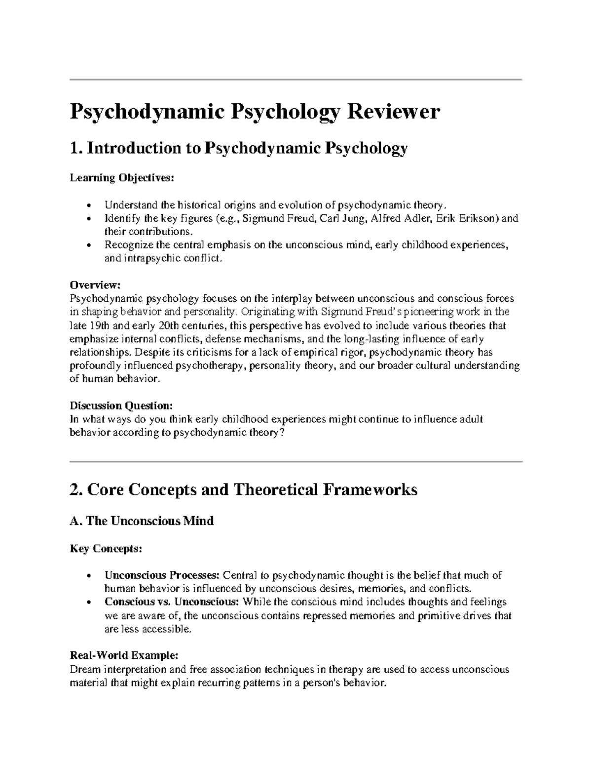 Psychodynamic Psychology Reviewer - Introduction to Psychodynamic ...