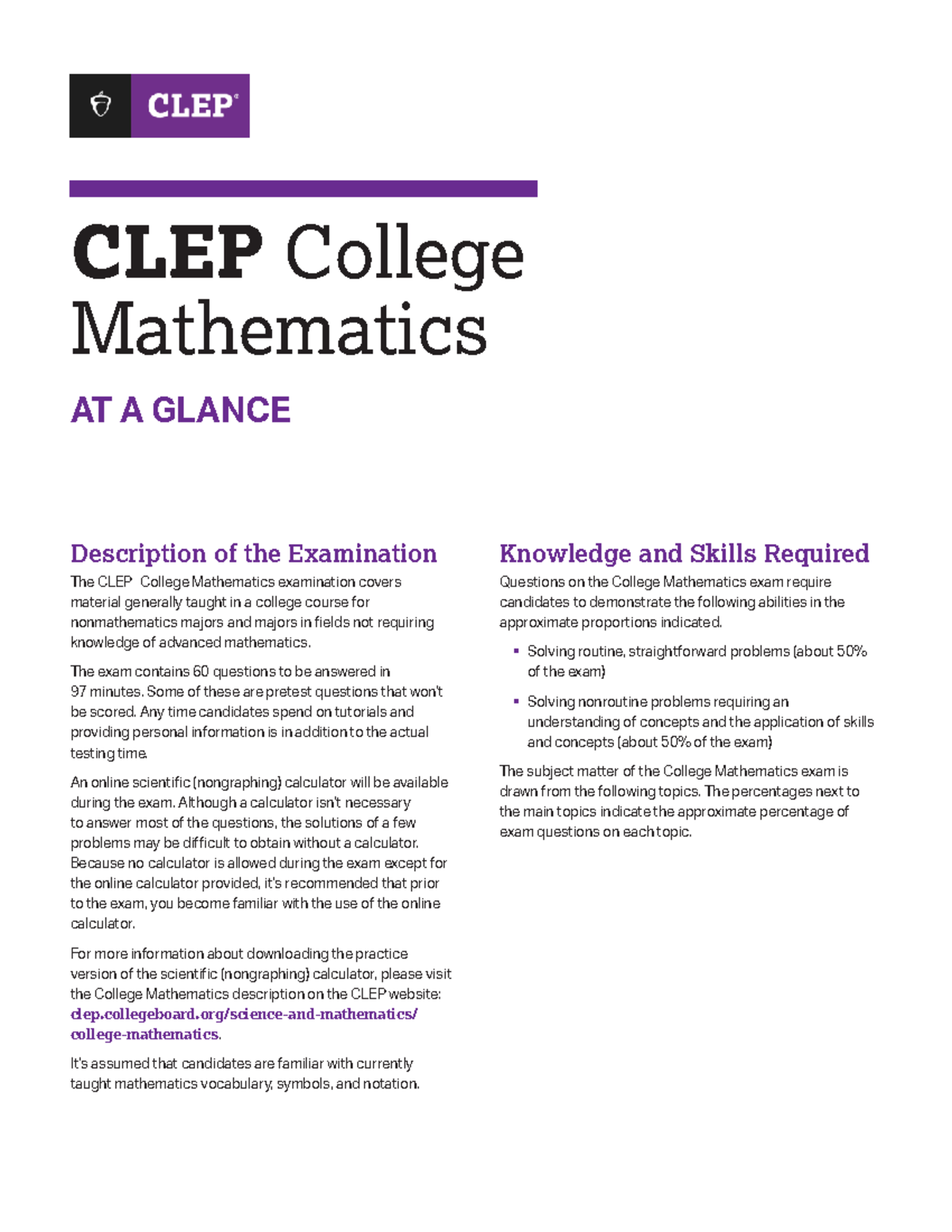 Clep college mathematics at a glance - CLEP College Mathematics AT A ...