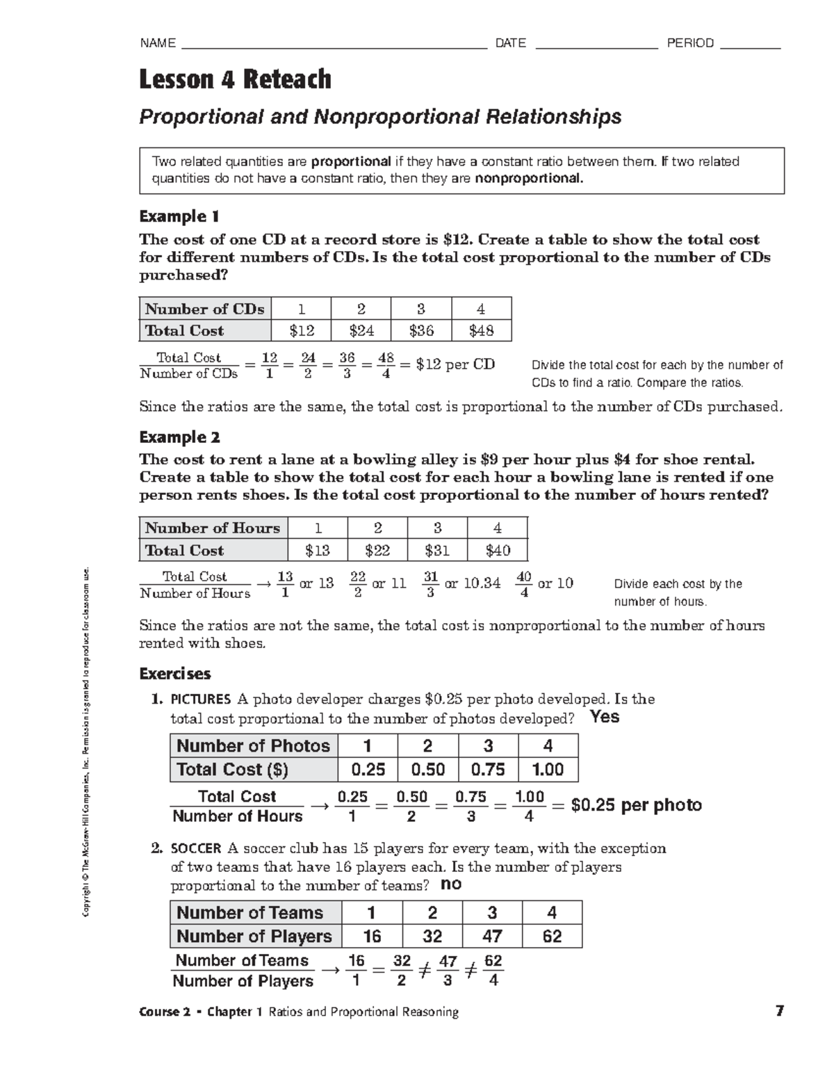 Reteach proportional and nonproportional relationships answers - Course ...