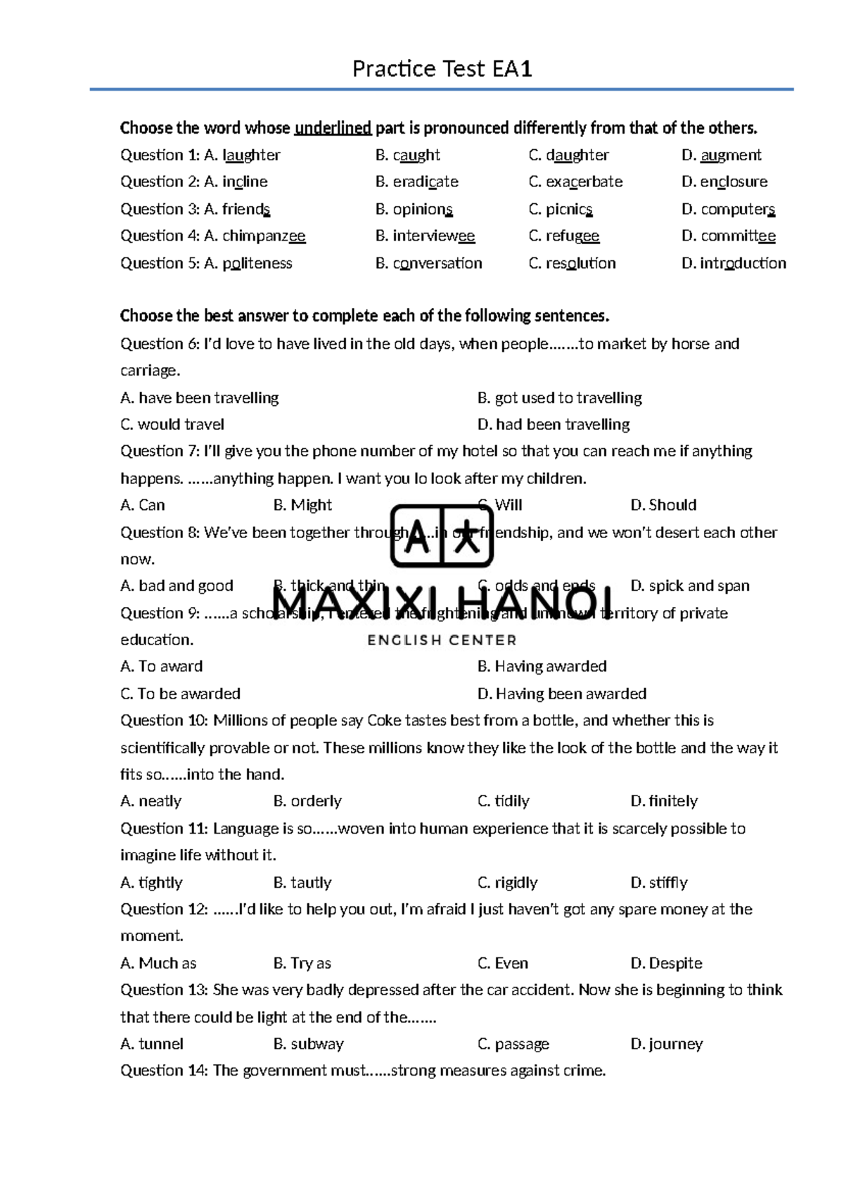 EA1HN - Practice Test for English Proficiency with Answers - Studocu