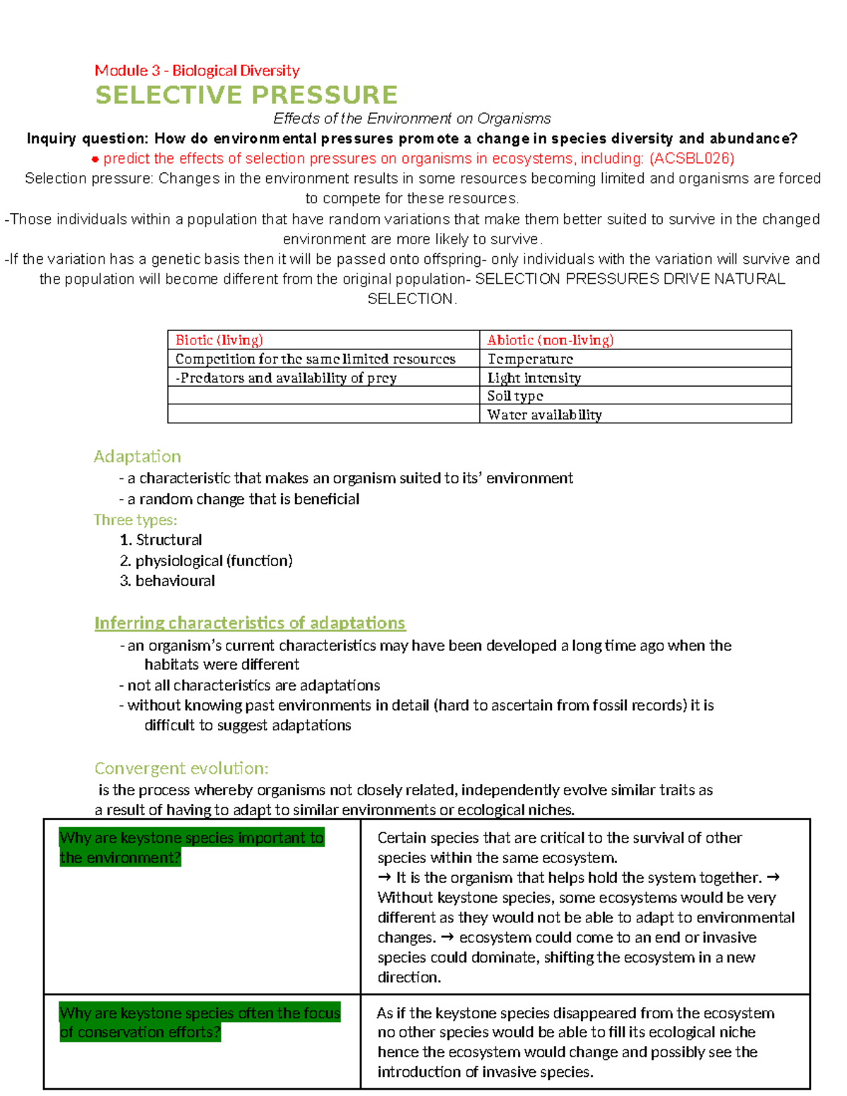 Biological Diversity Notes: Module 3 - Selective Pressure & Evolution ...
