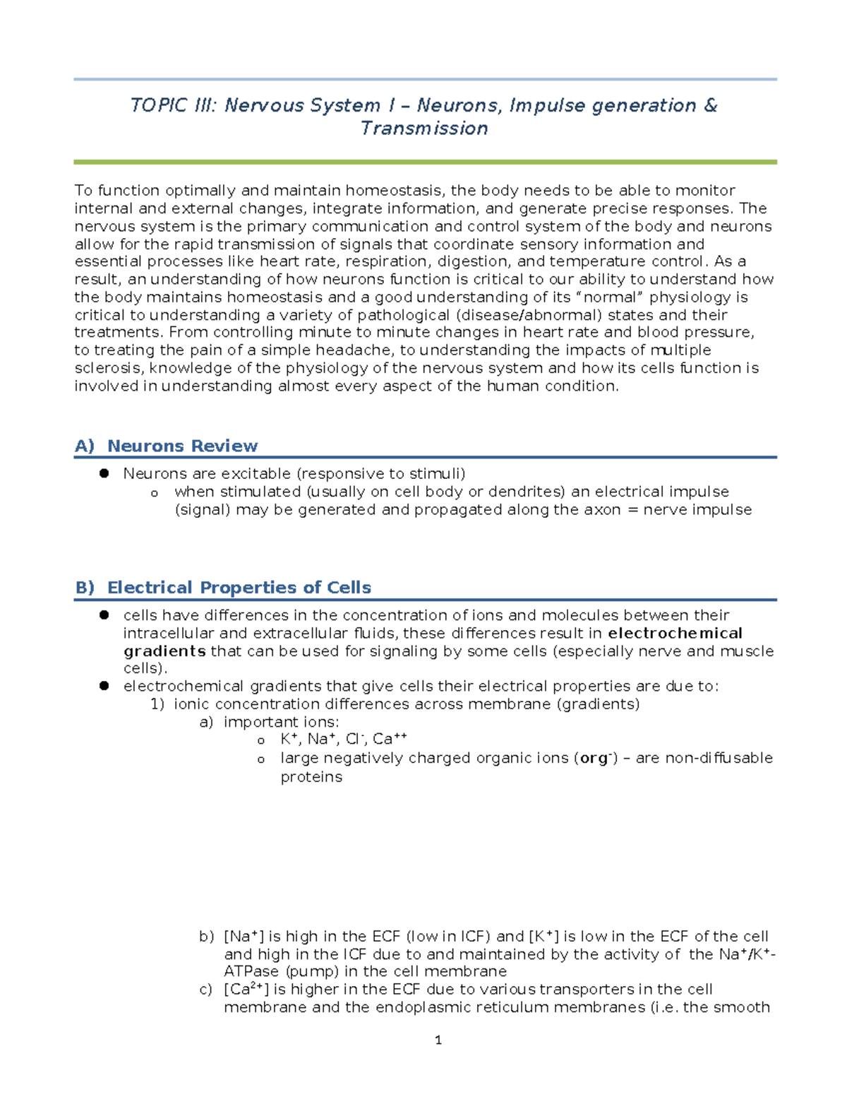 Nervous System I: Neurons, Impulse Generation & Transmission (3) - Studocu