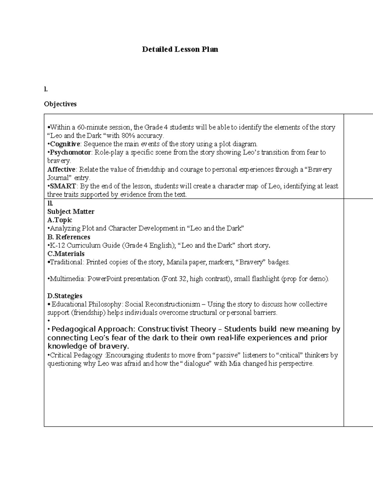 Grade 4 English Lesson Plan: Plot & Character Development - Studocu
