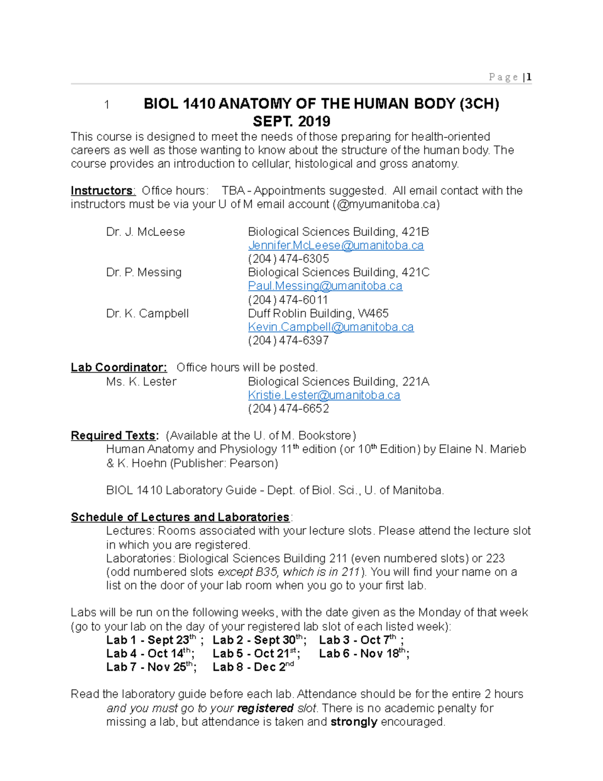 BIOL1410 Syllabus: Anatomy of the Human Body (Fall 2019) - Studocu