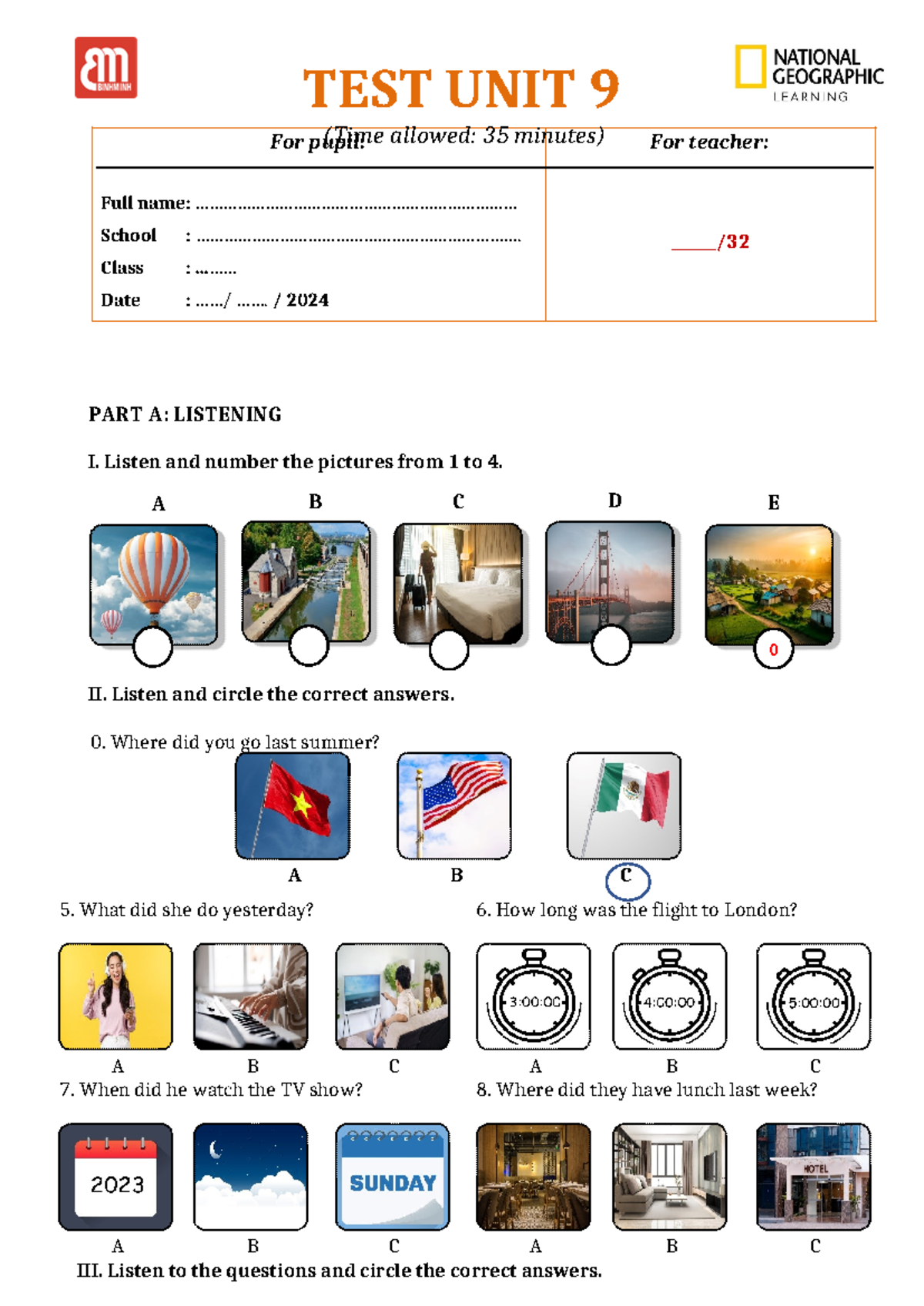 Grade 5 - Unit 9 Test (Listening & Reading) - Studocu