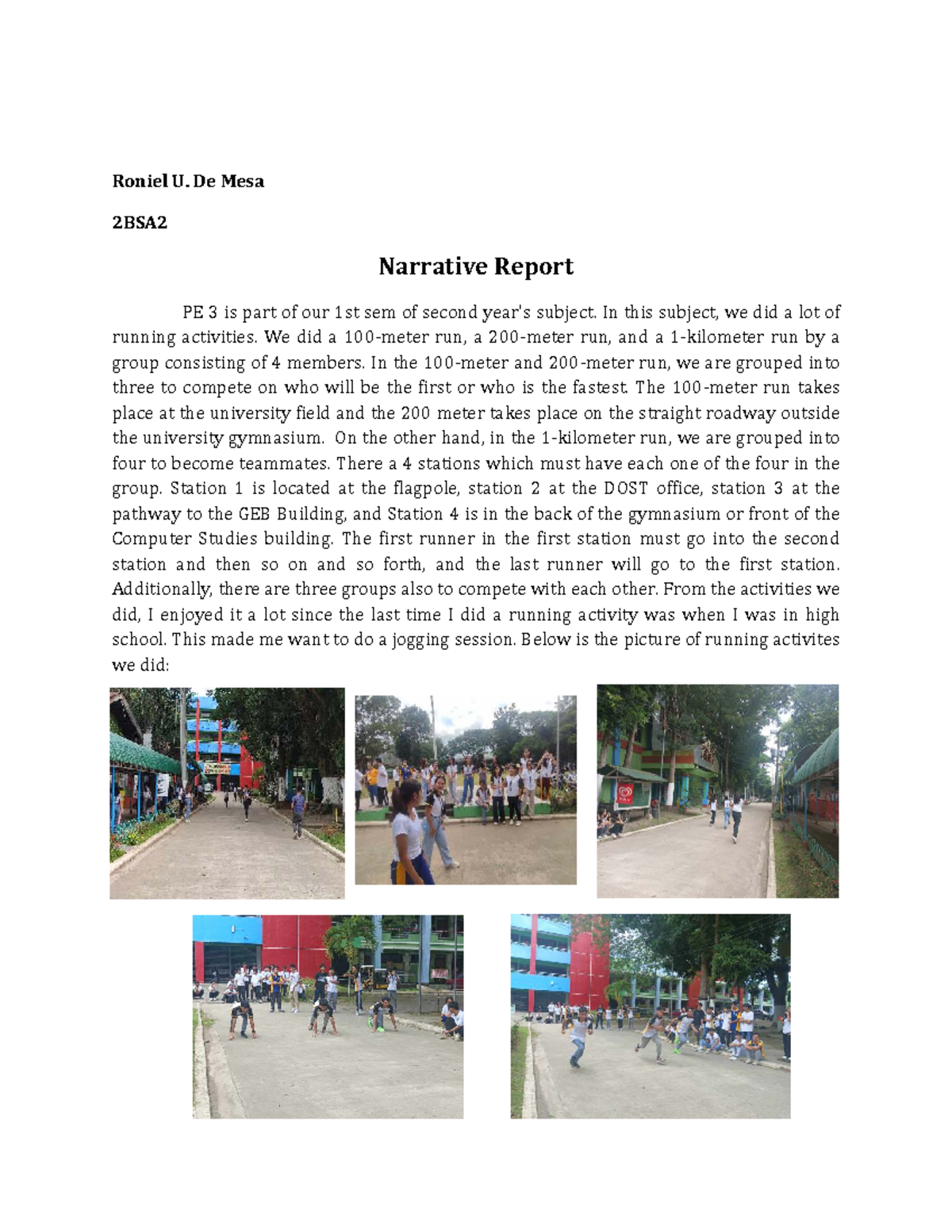 PE 3 Narrative Report: Running Activities in 1st Sem 2BSA2 - Studocu