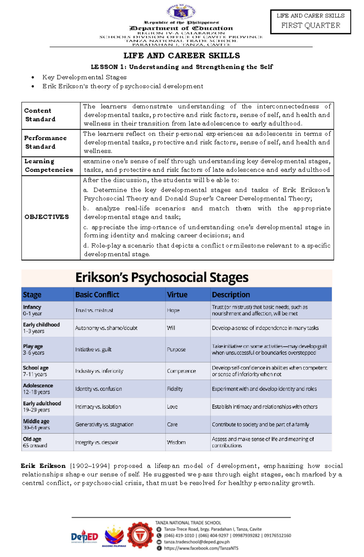 LIFE AND CAREER SKILLS FIRST QUARTER: Understanding Developmental ...