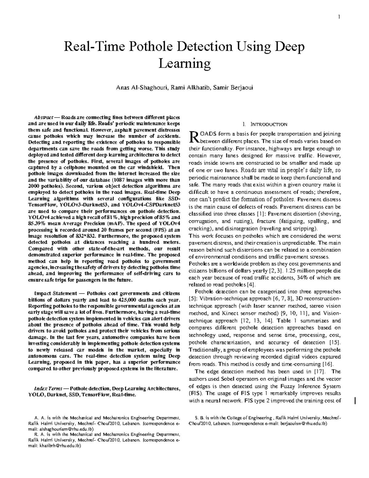 Deep Learning Based Detection Of Potholes In Abstract — Roads Are Connecting Lines Between