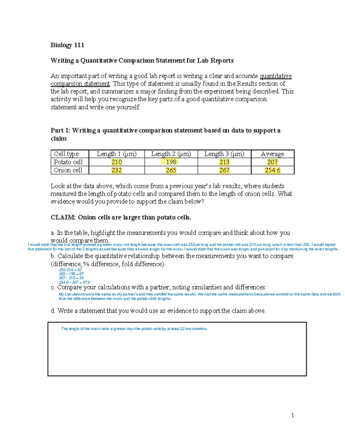 Biology 111: Lab Report - Writing a Quantitative Comparison Statement ...