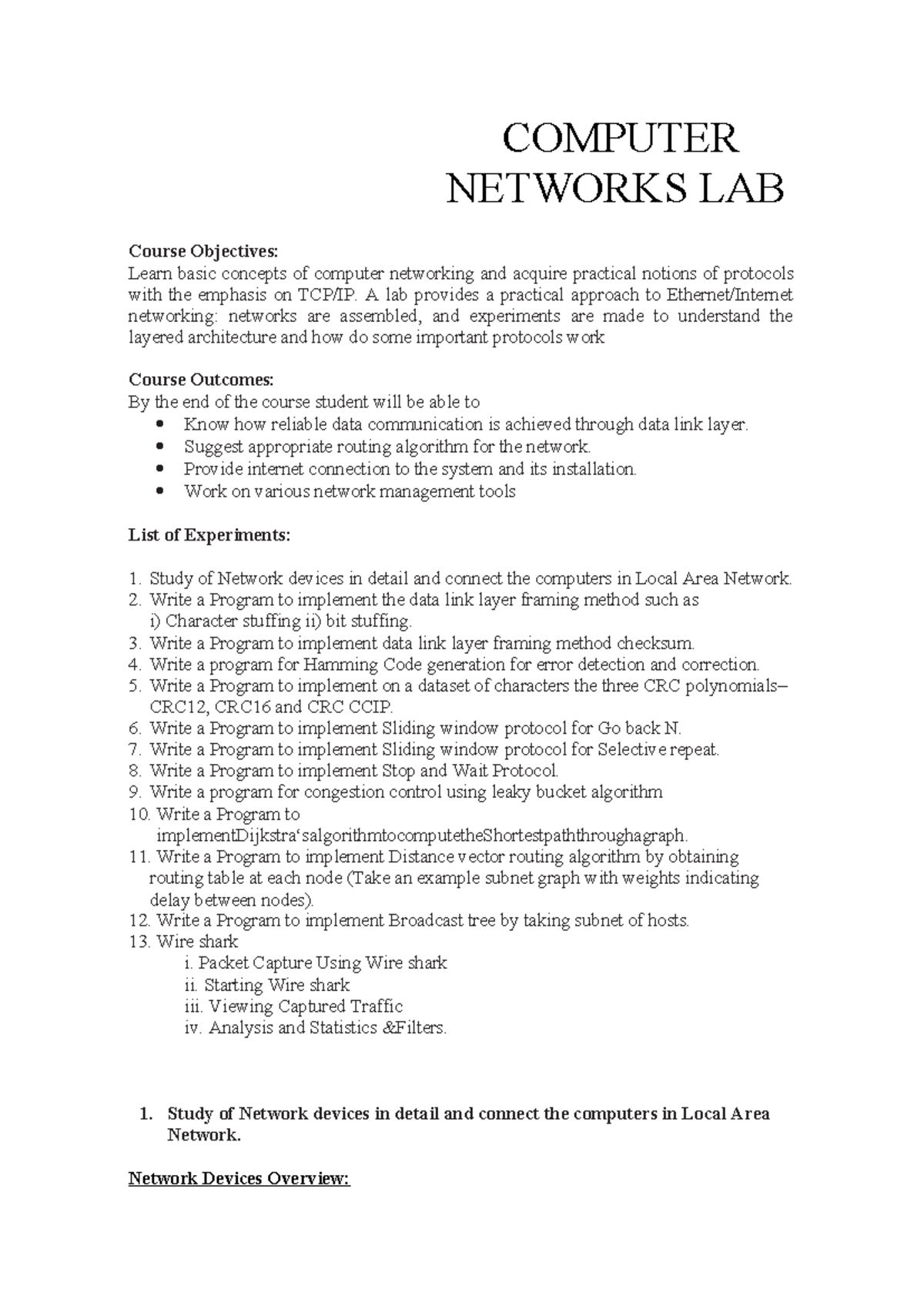 Computer Networks Lab Manual - Protocols and Framing Methods - Studocu