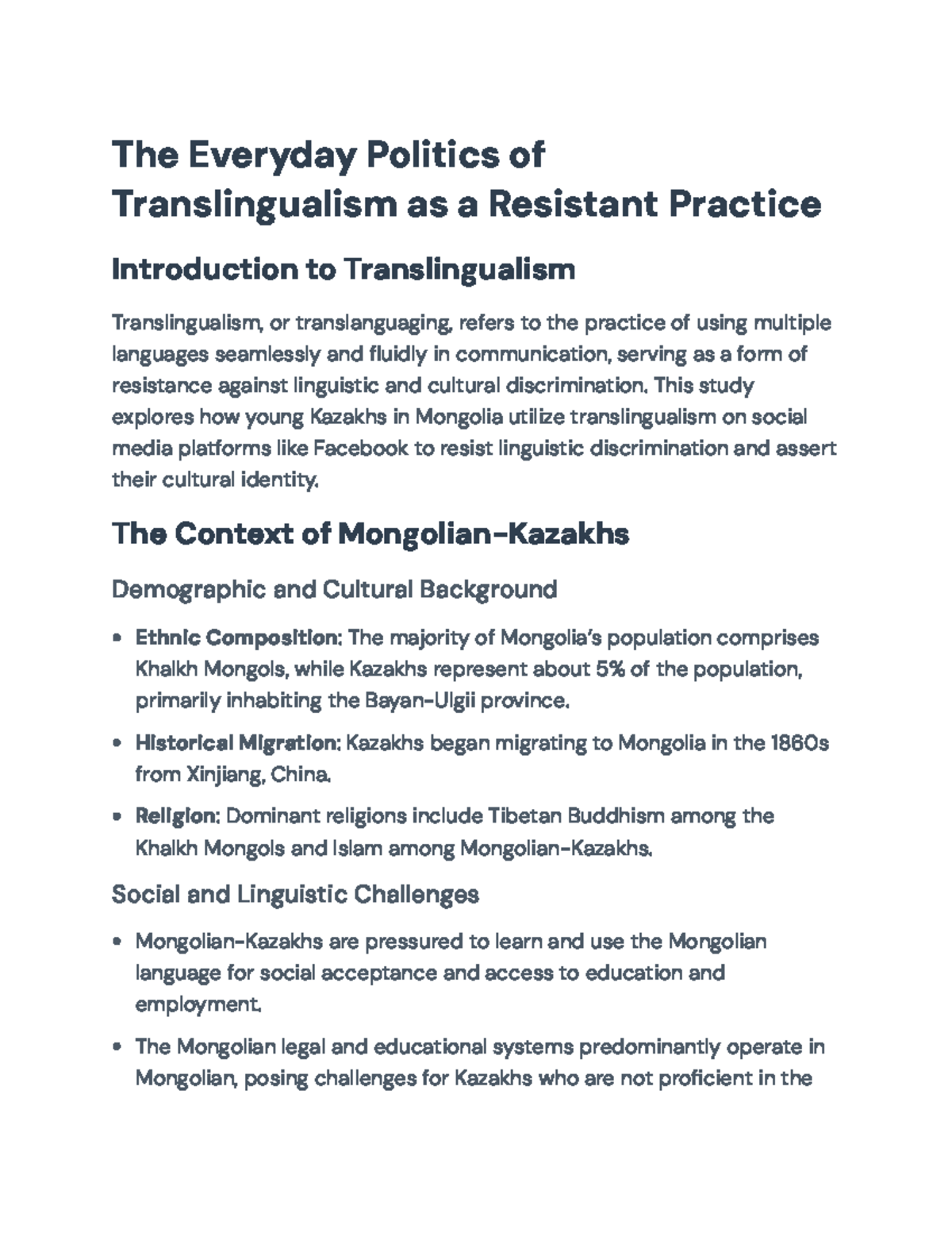 Everyday Politics of Translingualism: Resistance Among Kazakhs in ...