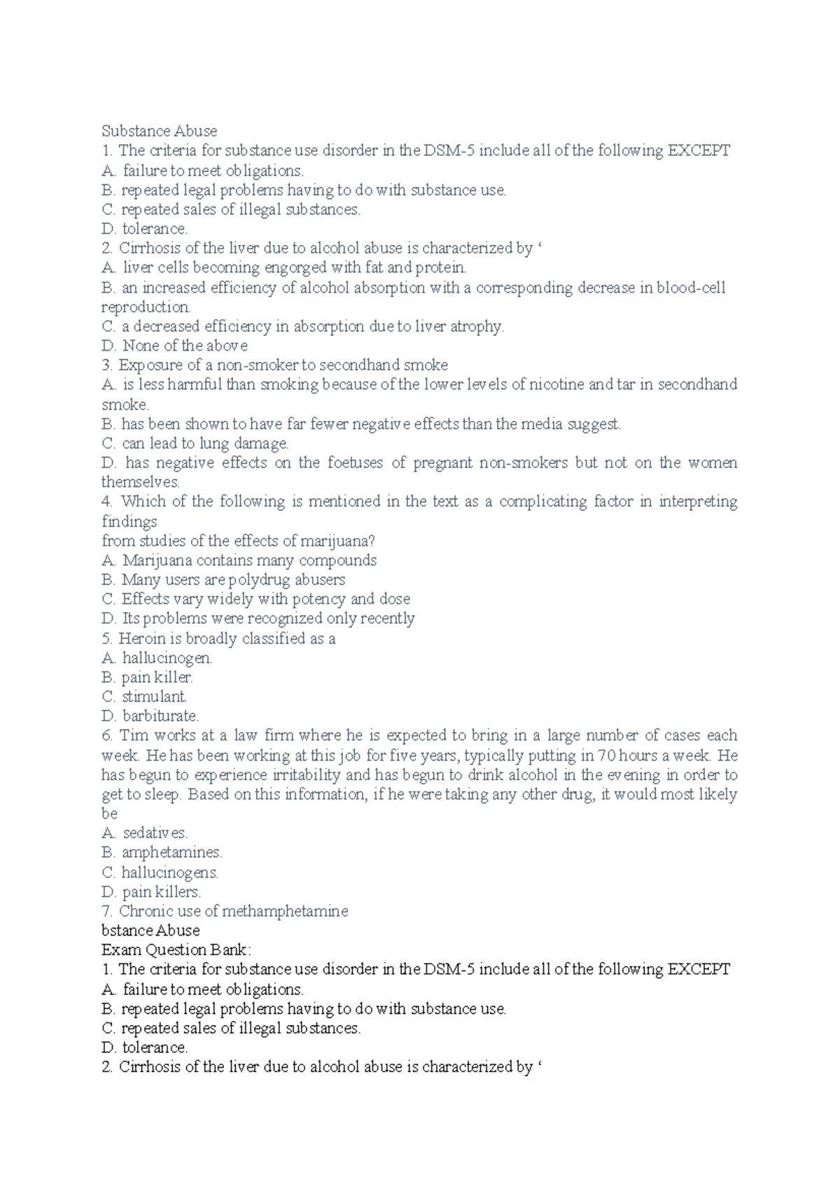 Mental Health MCQs on Substance Abuse - Revision Guide - Studocu