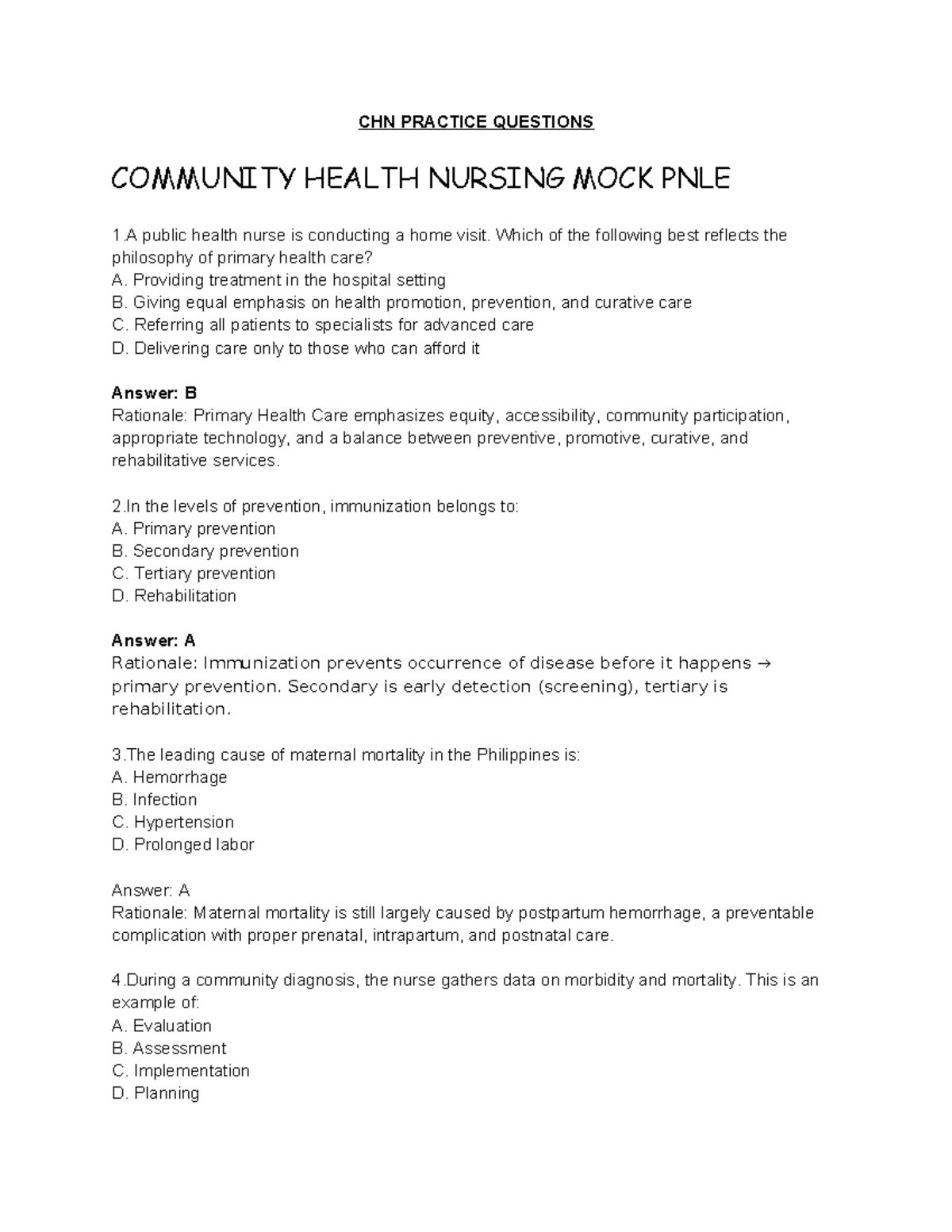 CHN MOCK PNLE PRACTICE QUESTIONS FOR COMMUNITY HEALTH NURSING - Studocu
