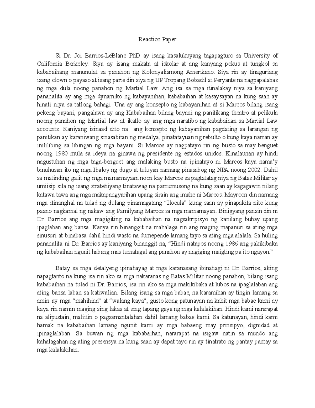 Reaction Paper on Dr. Joi Barrios-LeBlanc's Insights on Women’s Role ...