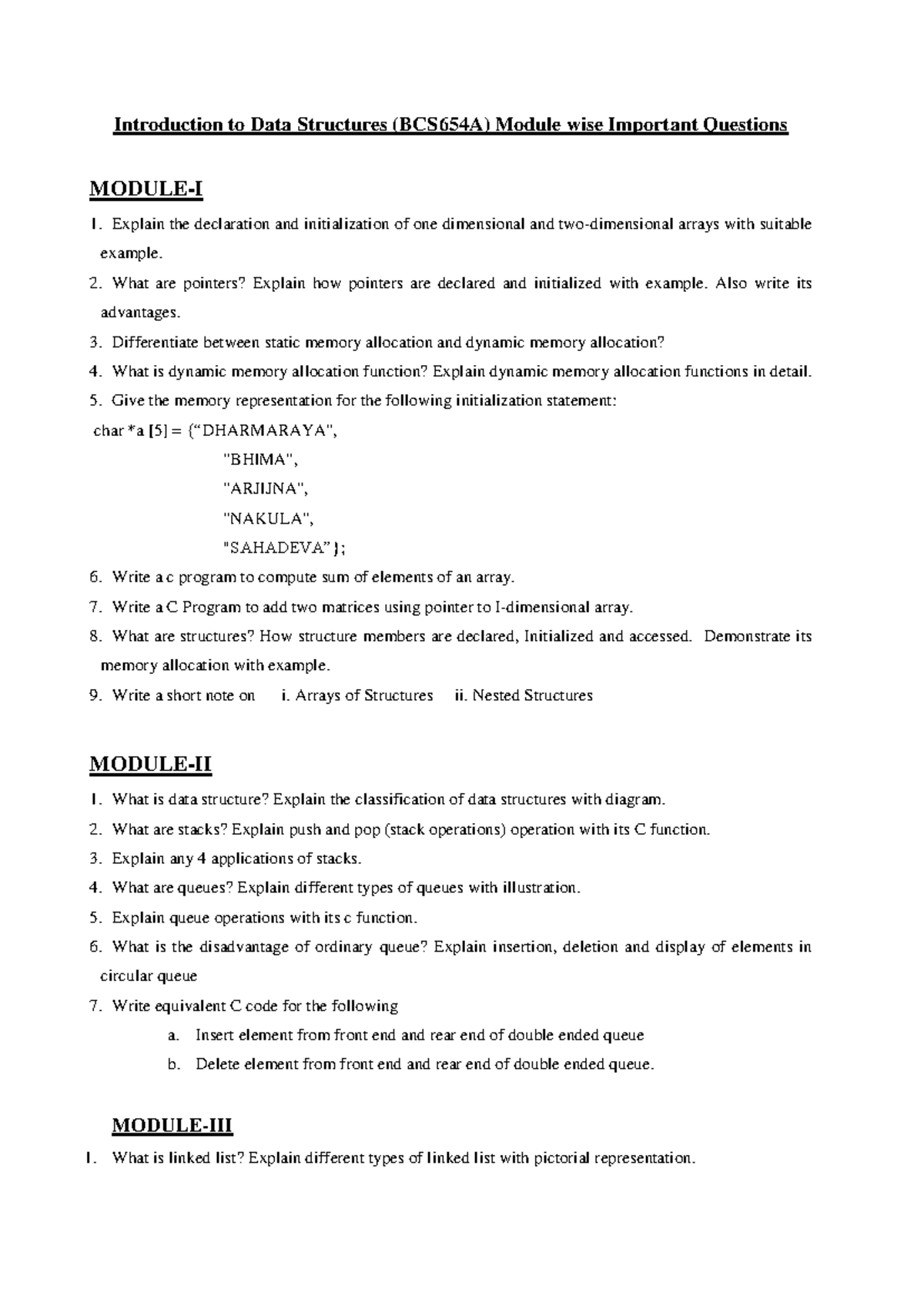 BCS654A - Important Questions on Data Structures and Algorithms - Studocu