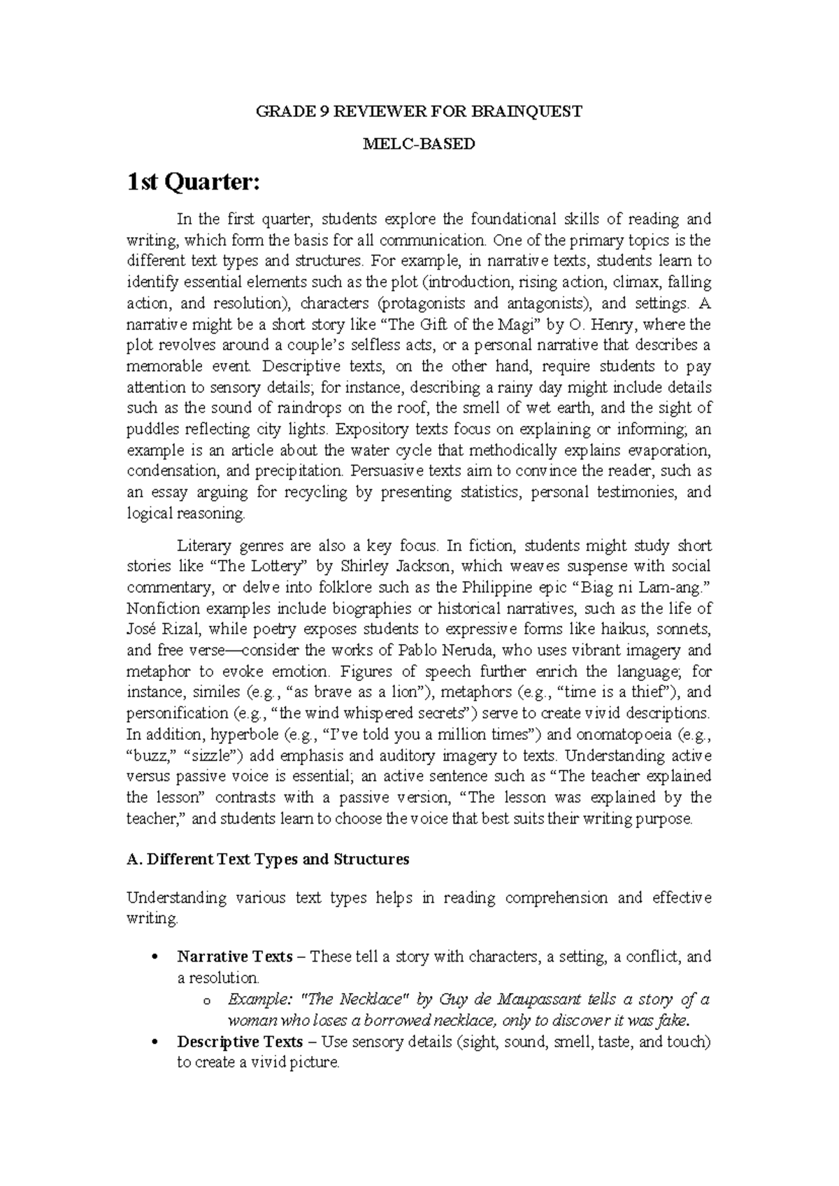 GRADE 9 ENGLISH REVIEWER: 1ST QUARTER READING & WRITING SKILLS - Studocu